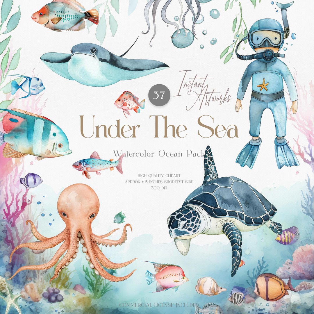 Under the Sea Clipart, Watercolor Ocean Animals, Sea Life Clipart ...