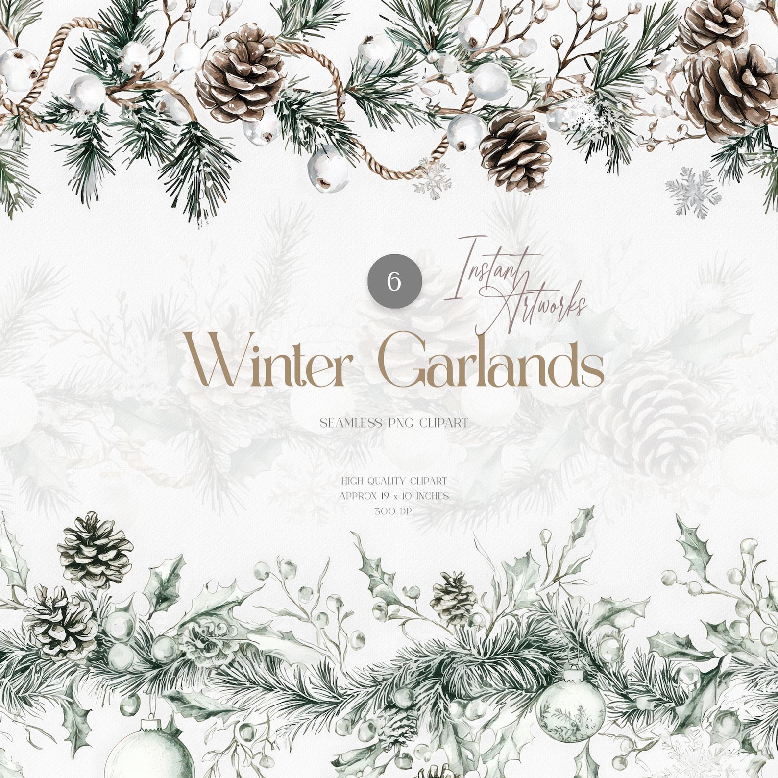 Winter Garland Clipart Set | Seamless Pinecone & Foliage Borders ...