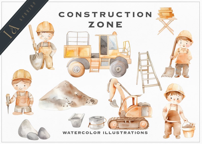 Watercolor Construction Clipart – 55 Vehicles, Kids' Zone (PNG, Digital ...