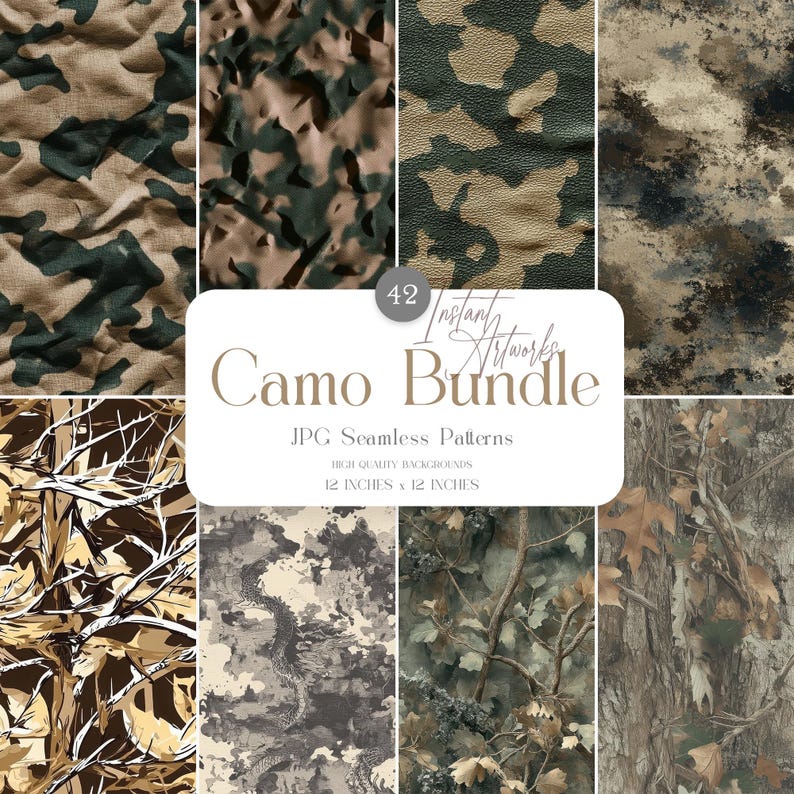 Camo Digital Paper Bundle, 42 Seamless Camo Patterns JPG, Camo Textures ...