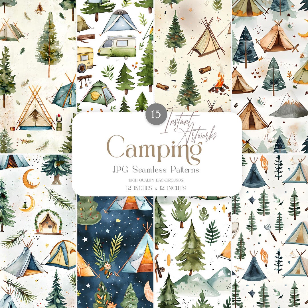 Watercolor Camping Seamless Patterns | Tent Forest Campfire Digital Paper | Woodland Adventure ...