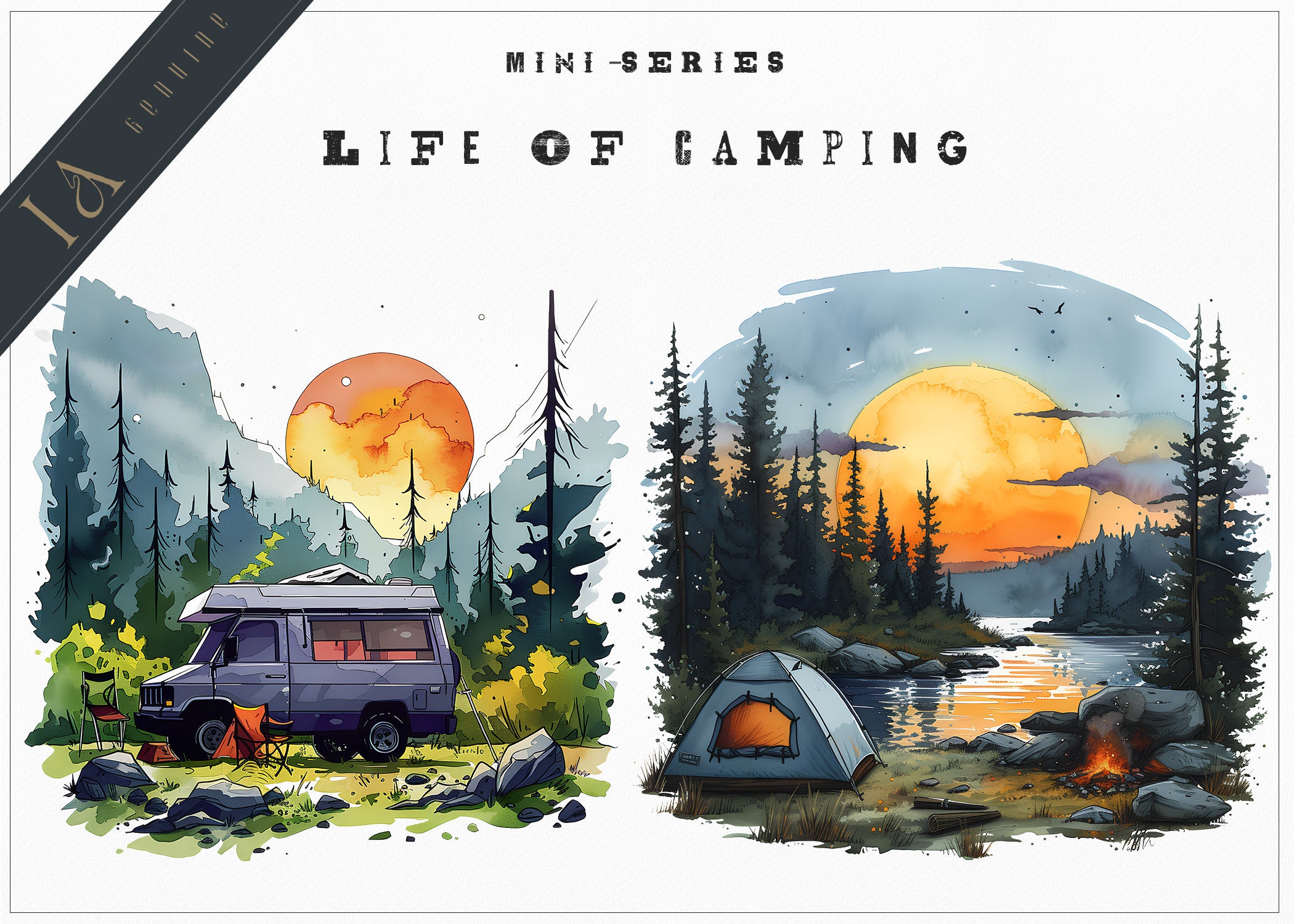 Camping Scene Clipart Illustrations, Set of 10 Outdoor Adventure ...