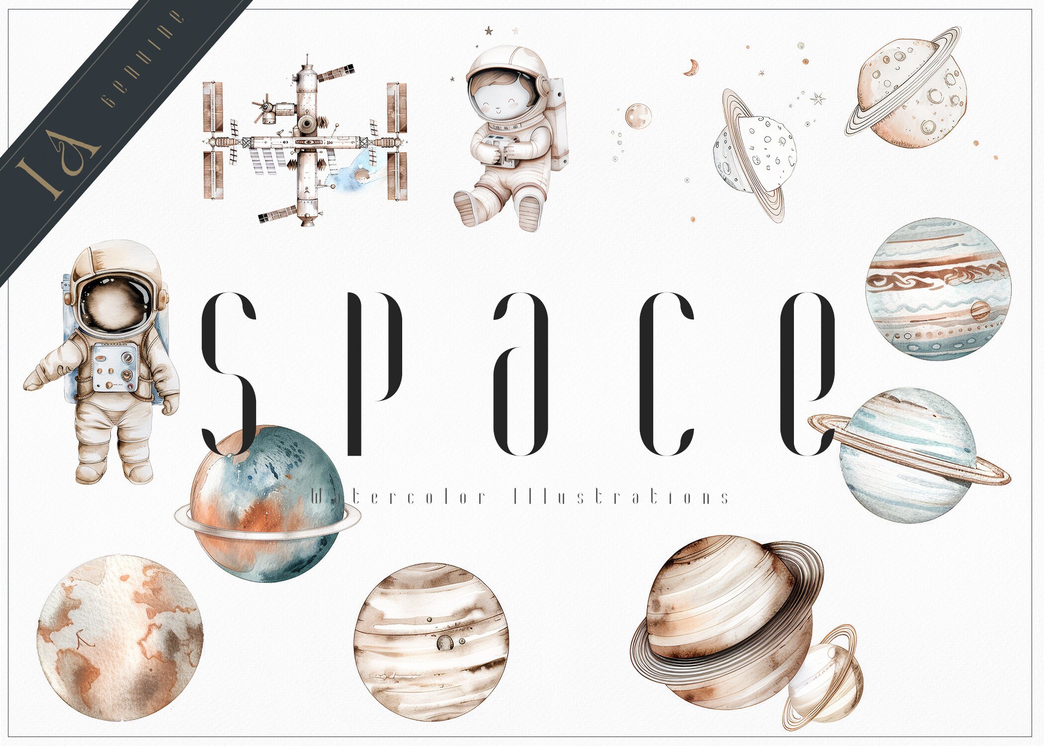 Watercolor Space Astronaut Clipart With Planets and Rockets, Outer ...