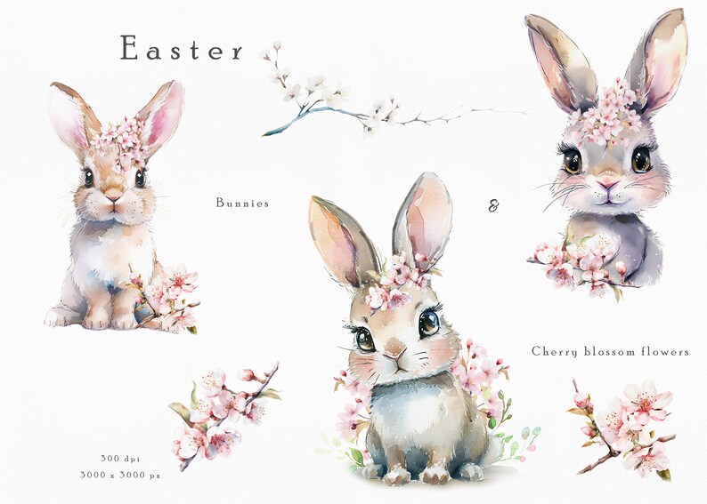 Watercolor Spring Bunnies Clipart Nursery Clipart Cherry Blossom ...