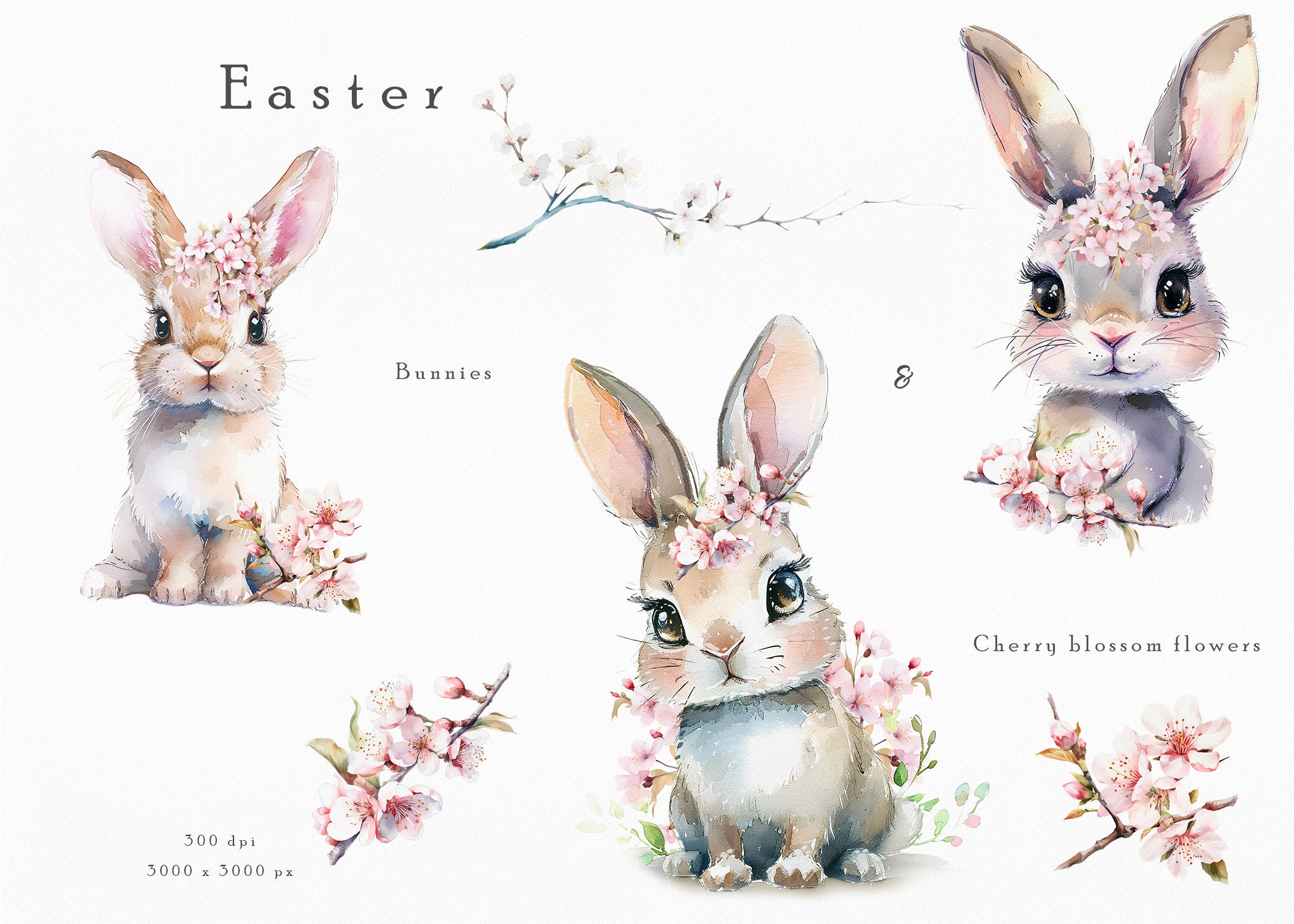 Watercolor Spring Bunnies Clipart Nursery Clipart Cherry Blossom ...