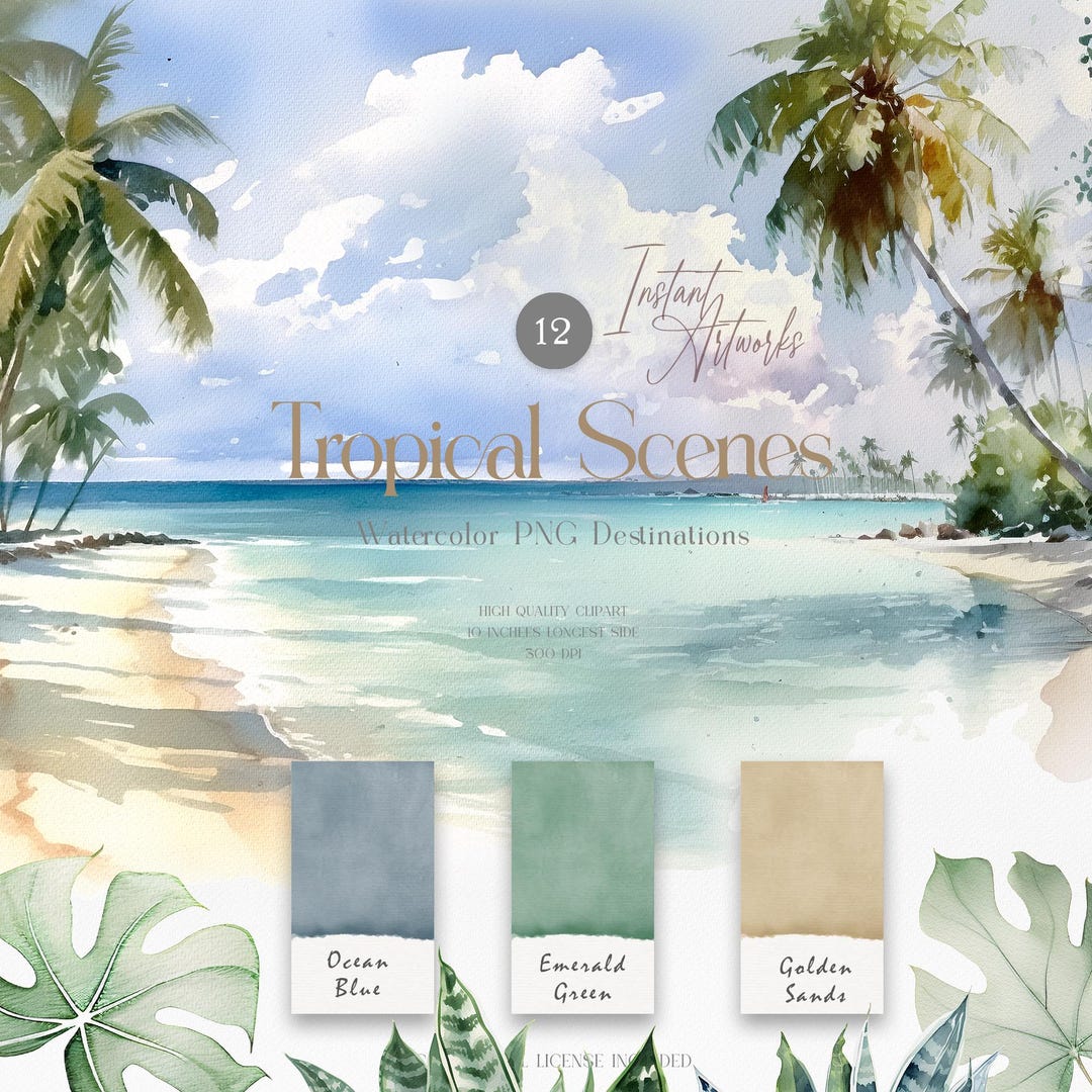 Watercolor Tropical Beach Clipart Summer Palm Tree Beach Bum Relaxing ...