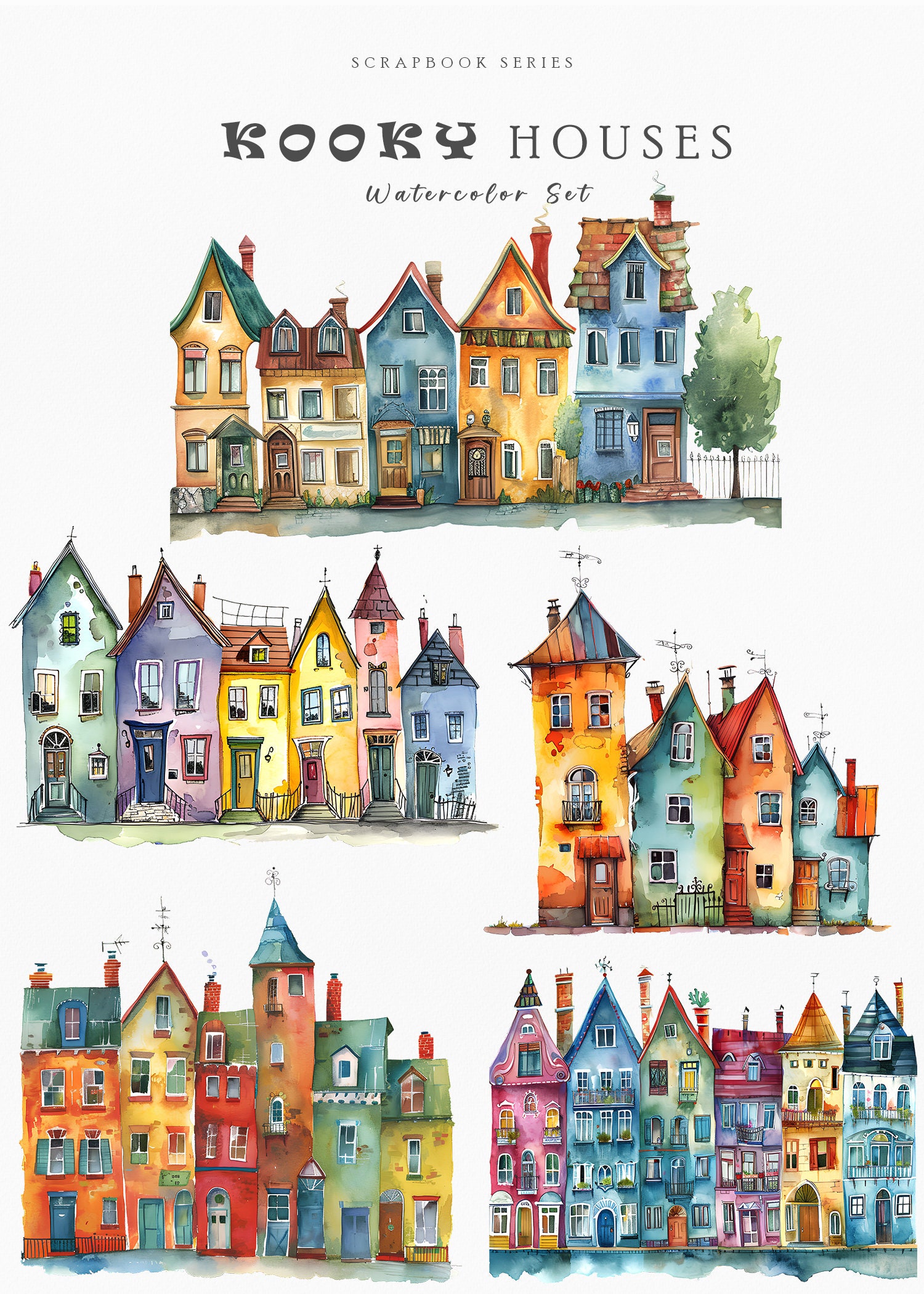 Watercolor Houses Clipart Set - Colorful Buildings for Scrapbooking ...