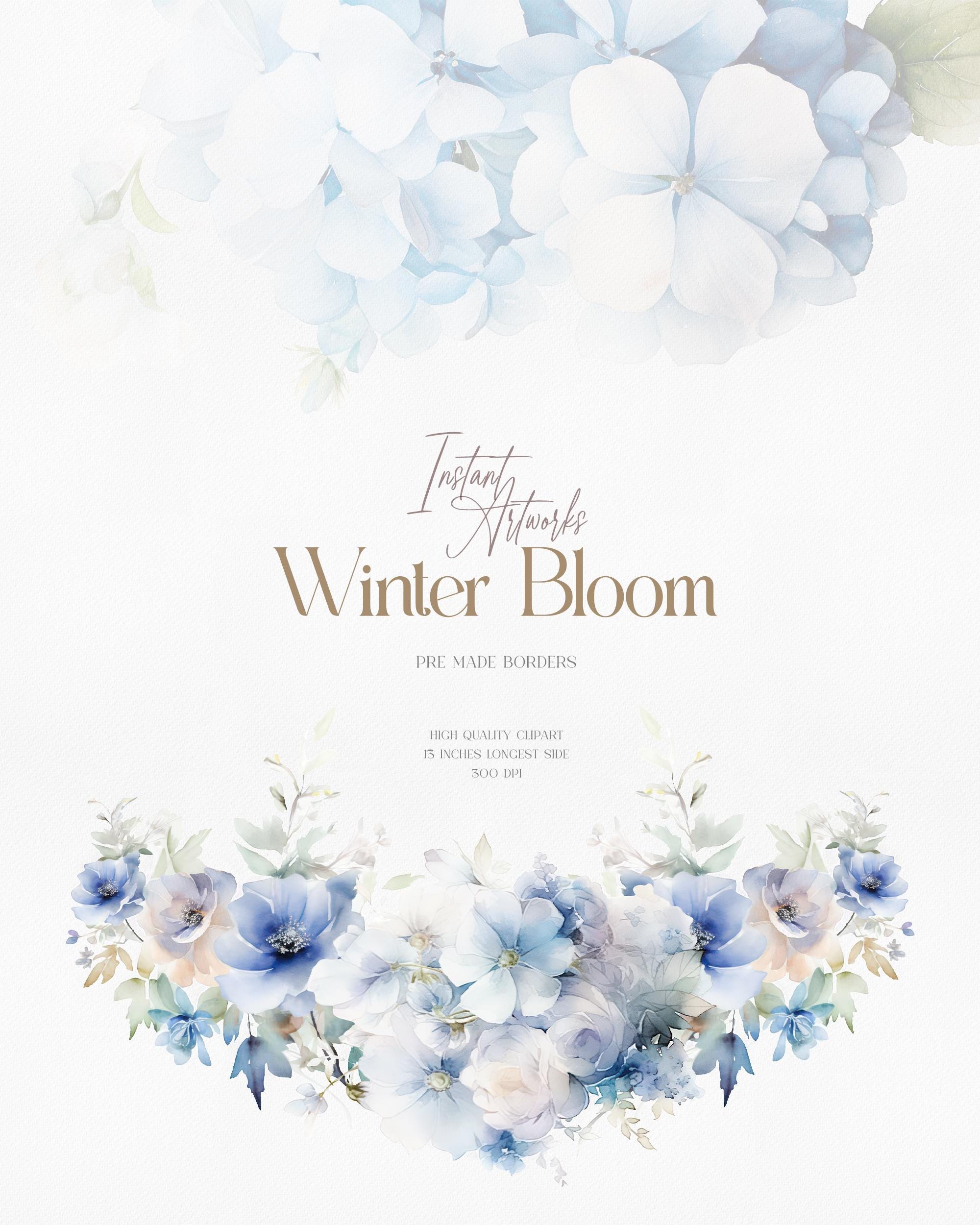Winter Blossom Watercolor Floral Clipart - Blue and White Flowers for ...