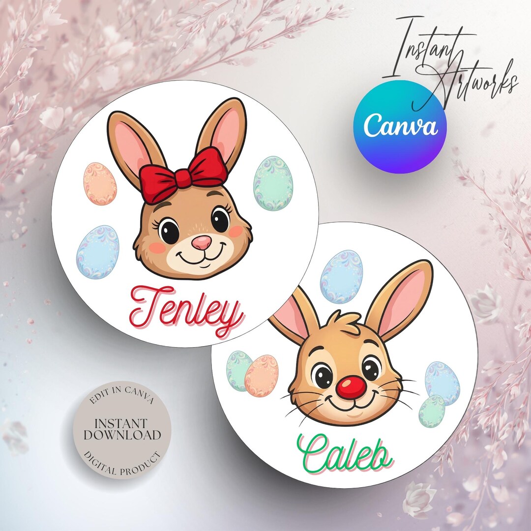Editable Easter Bunny Stickers, Personalized Name Tags, Canva Template ...