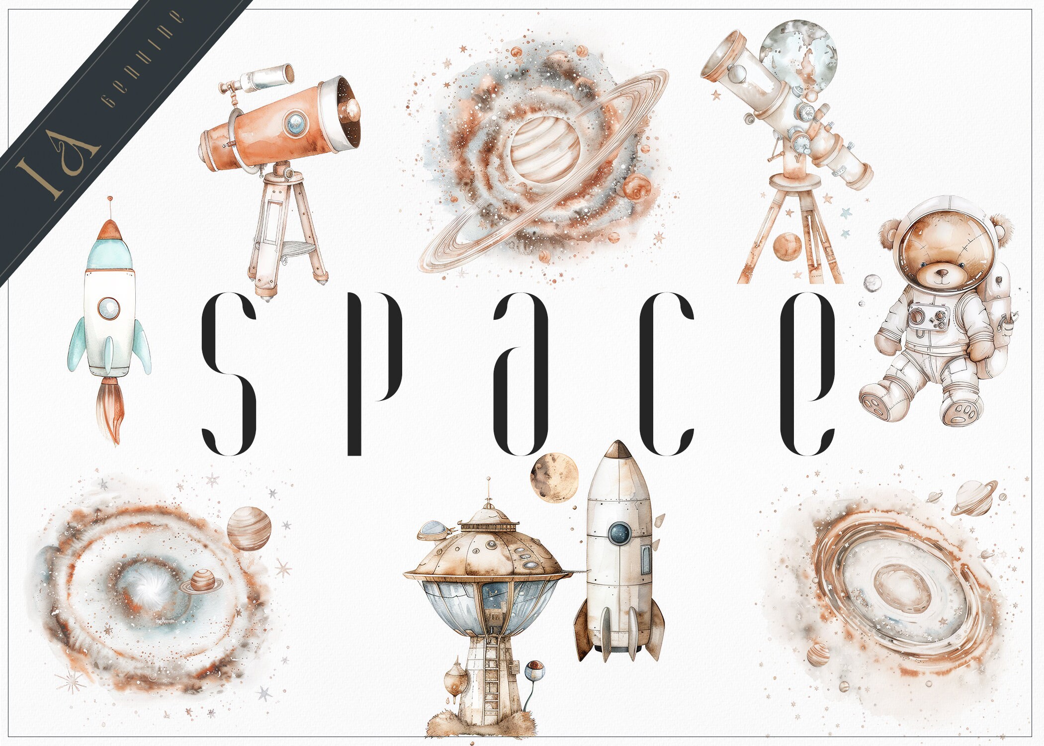 Watercolor Space Astronaut Clipart With Planets and Rockets, Outer ...