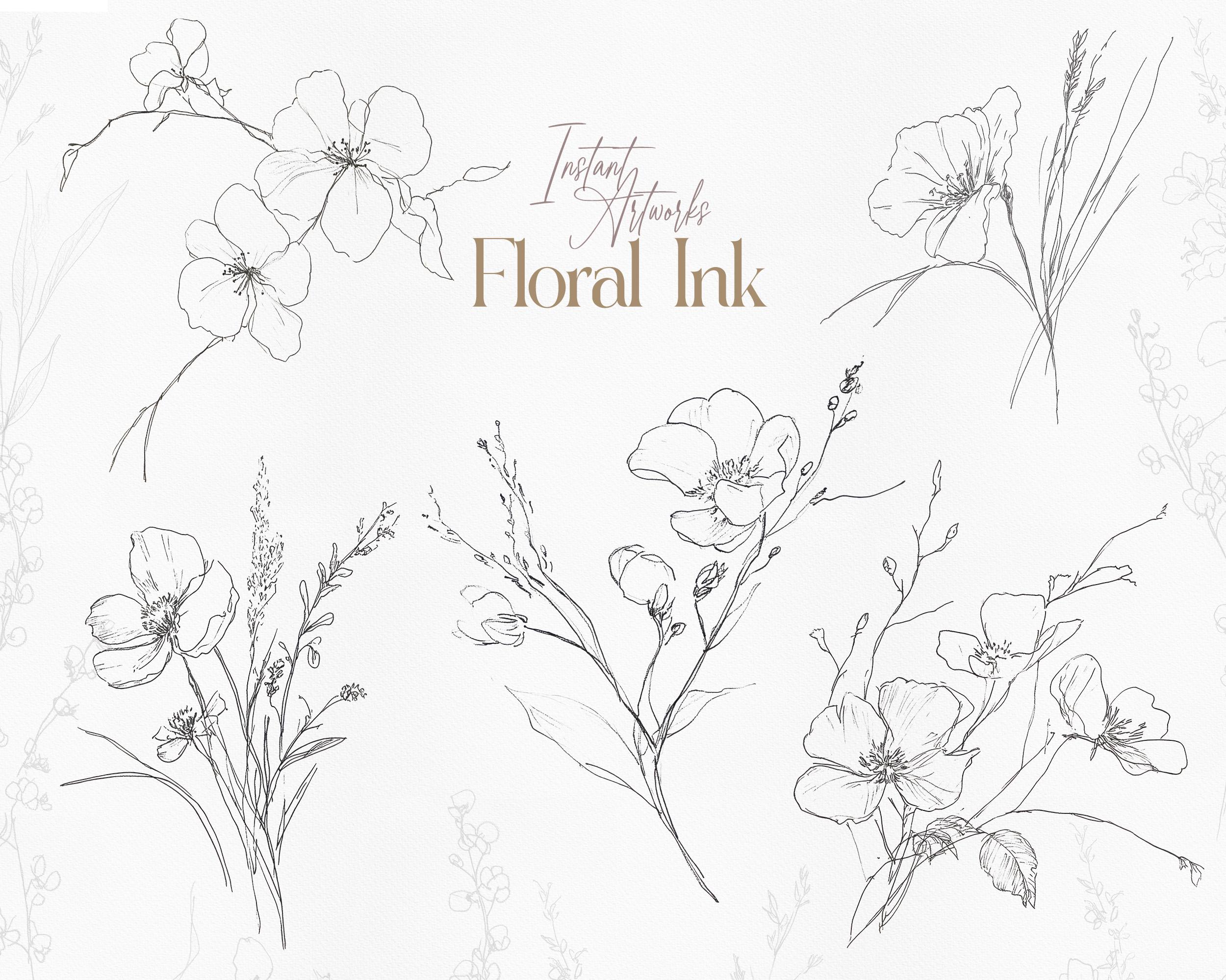 Floral Line Art Clipart – Minimalist Botanical PNG Bundle (digital ...