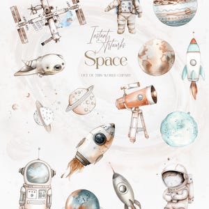 Watercolor Space Clipart Bundle, Astronaut PNG, Rocket Ship, UFO ...