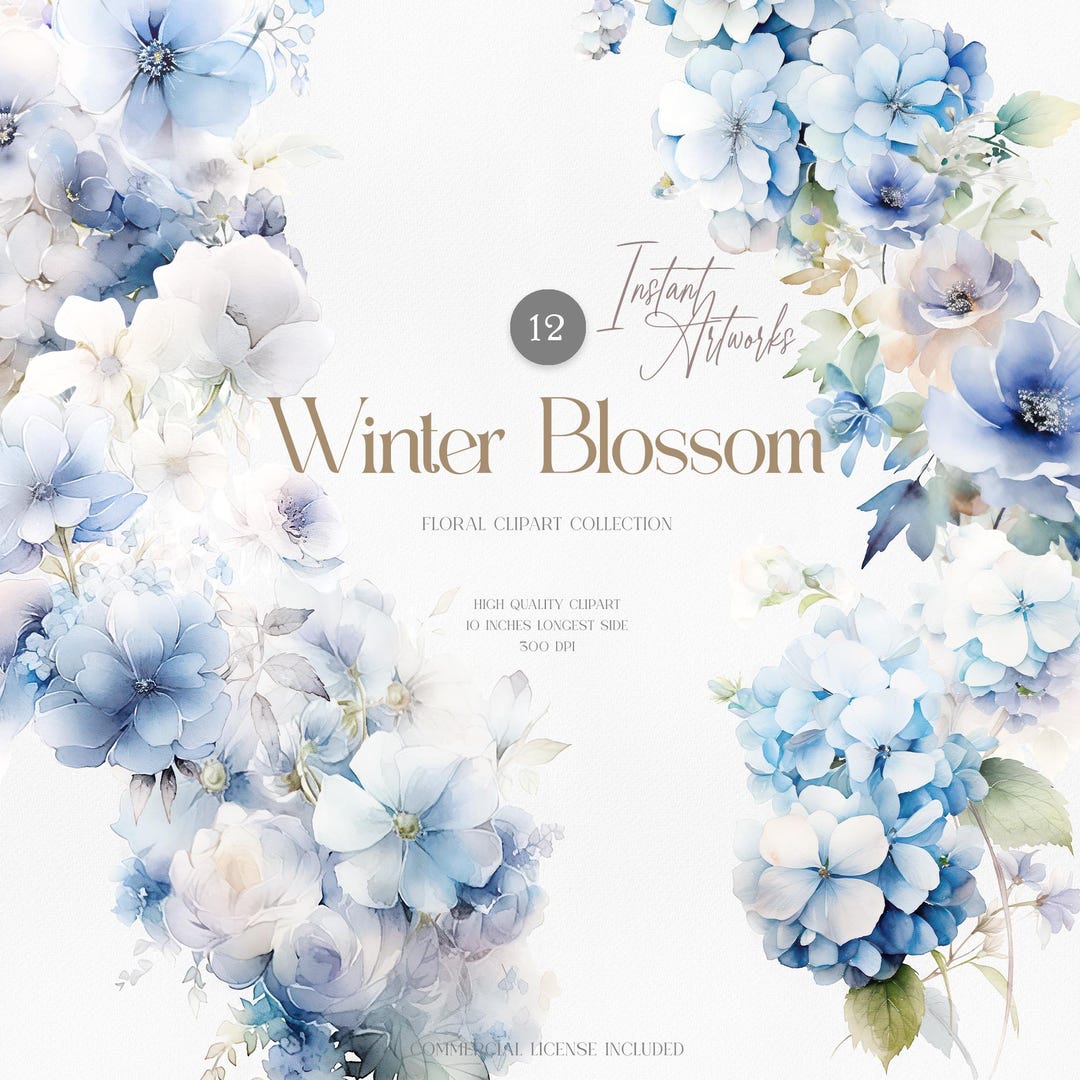 Winter Blossom Watercolor Floral Clipart - Blue and White Flowers for ...