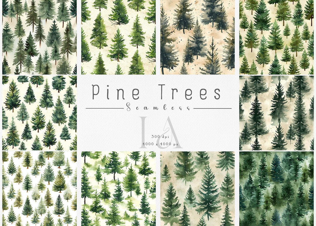 Watercolor Pine Tree Digital Paper, Seamless Woodland Camping Art Paper ...
