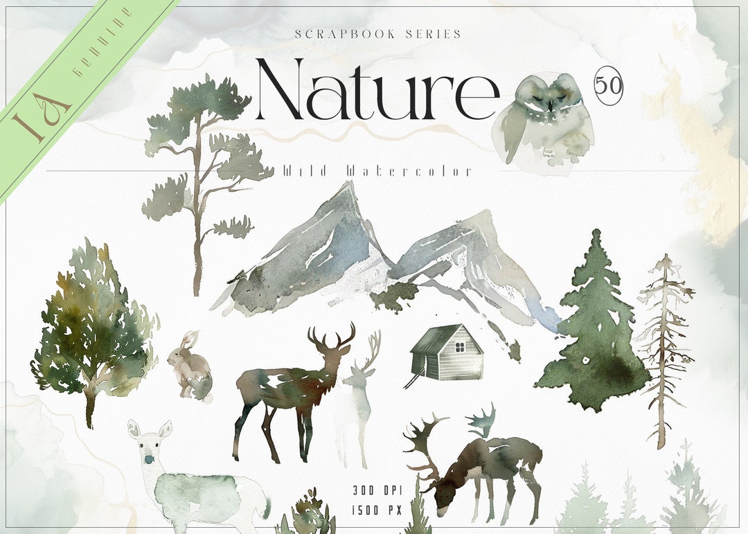 Nature Clipart Bundle, Wildlife Mountain Tree Cabin PNG , Watercolor ...