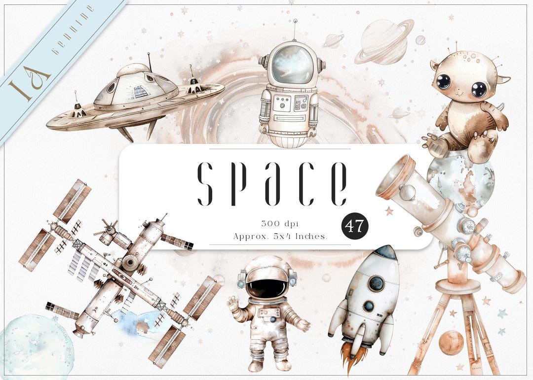 Watercolor Space Astronaut Clipart With Planets and Rockets, Outer ...