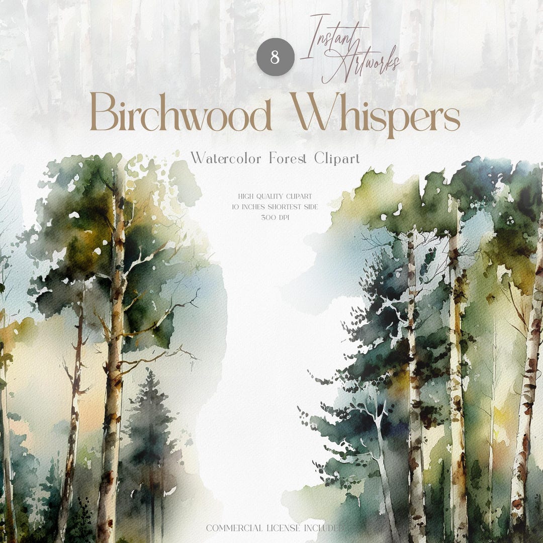 Birch Tree Watercolor Clipart, Forest Landscape Backgrounds, Forest ...