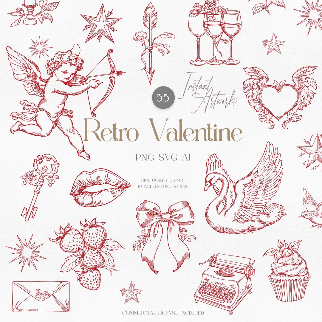 Retro Valentines Clipart Bundle, Vintage Love Graphics in Red, Blue ...