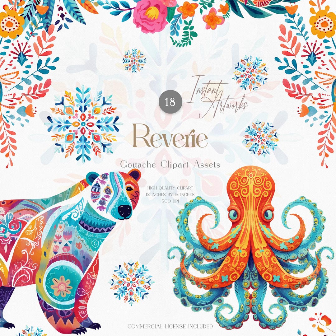 Colorful Gouache Folk Art Clipart | Boho Animal & Floral Illustrations ...