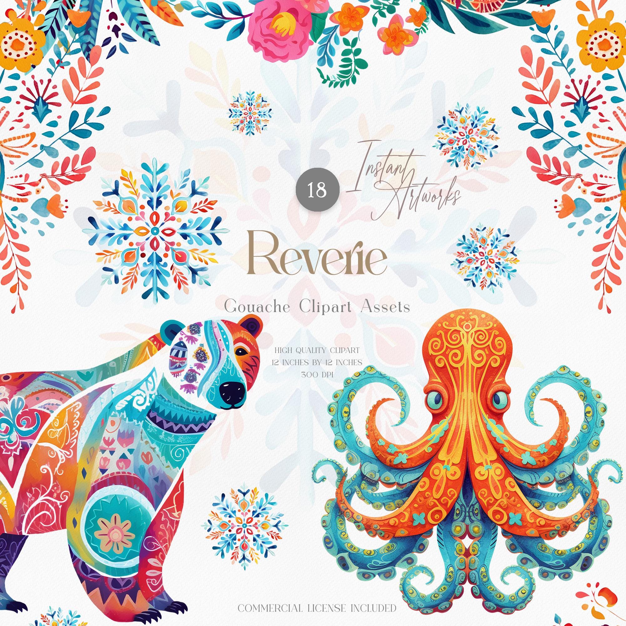Boho Animal Clipart | Gouache Floral Illustrations (digital Download ...