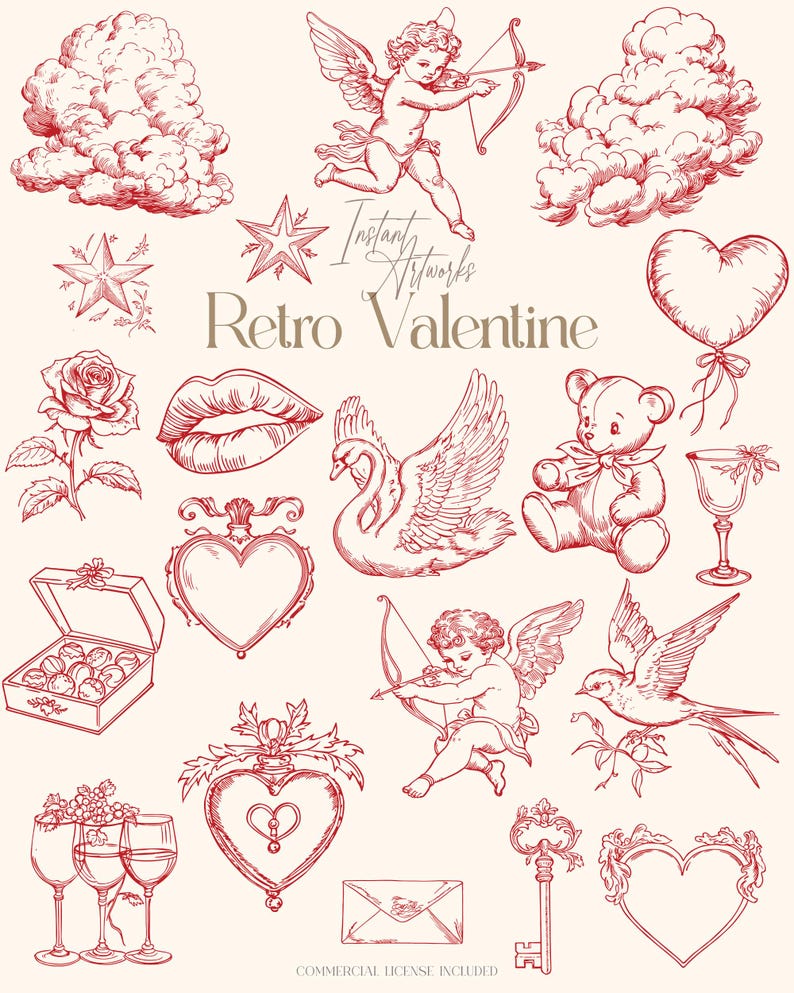 Retro Valentines Clipart Bundle, Vintage Love Graphics in Red, Blue ...