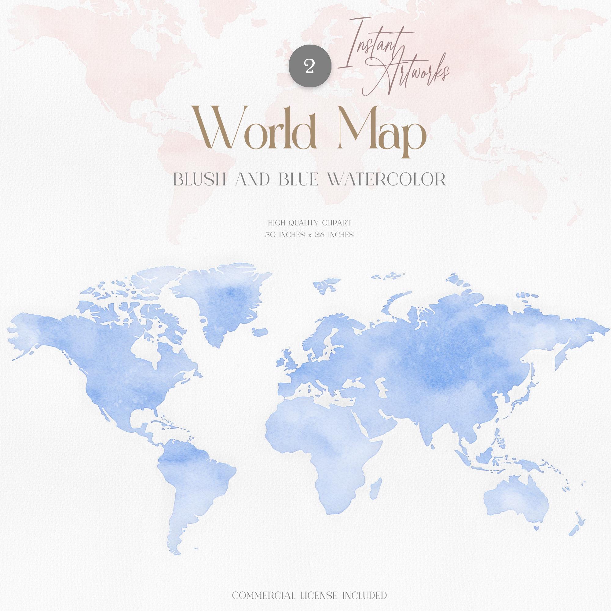 Blush and Blue Watercolor World Map Clipart (PNG) - Etsy