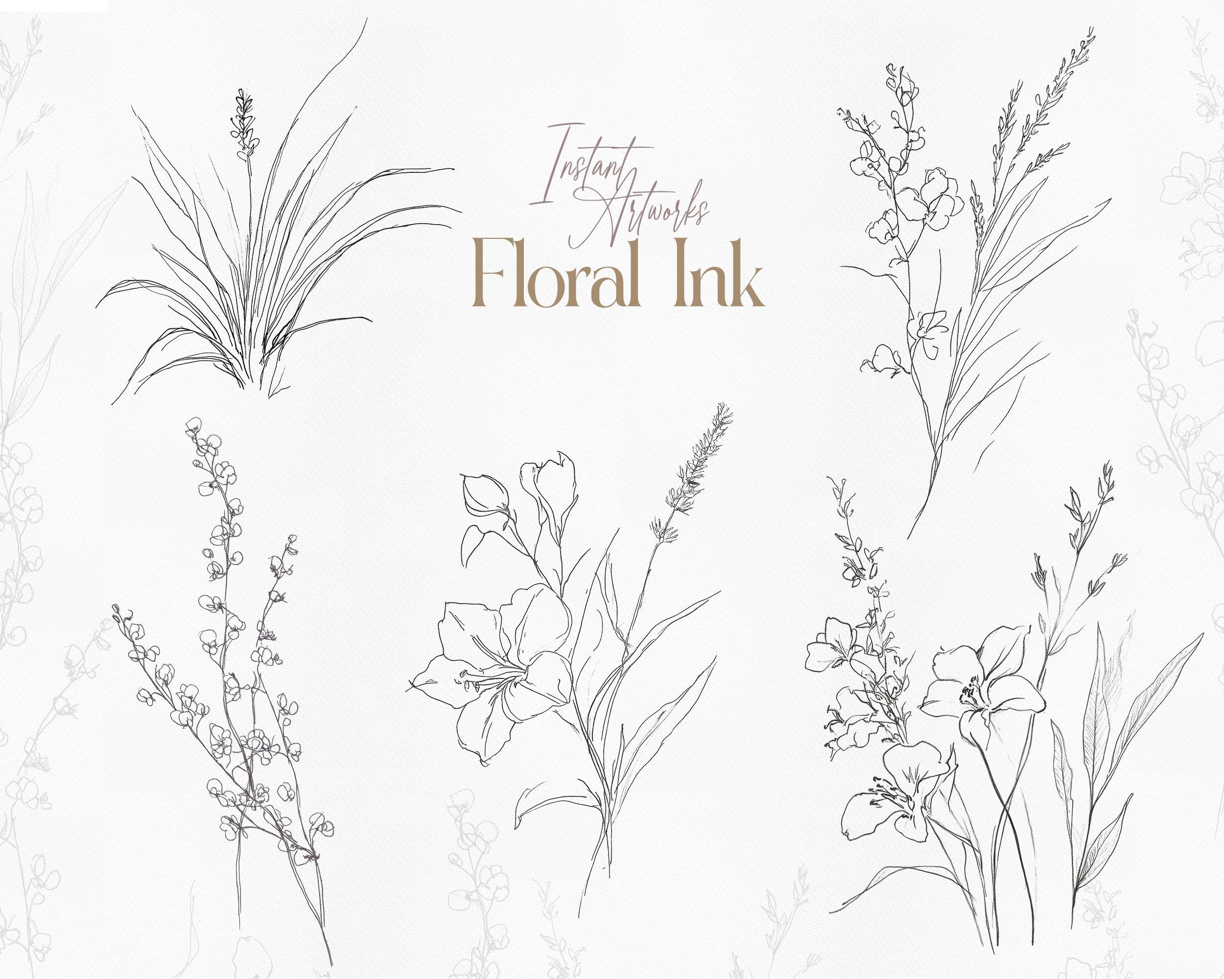 Floral Line Art Clipart - Botanical PNG Bundle - Minimalist Botanical ...