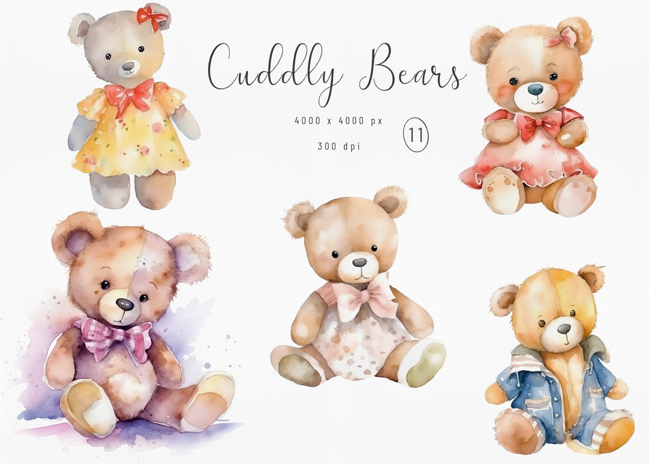 Watercolor Teddy Bear Clipart Charming Collection of Artful - Etsy