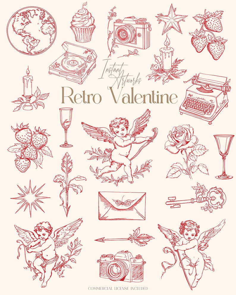 Retro Valentines Clipart Bundle, Vintage Love Graphics in Red, Blue ...