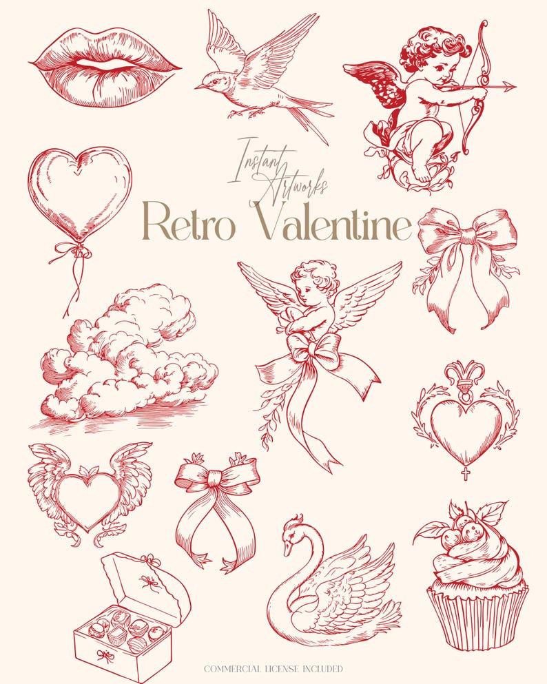 Retro Valentines Clipart Bundle, Vintage Love Graphics in Red, Blue ...