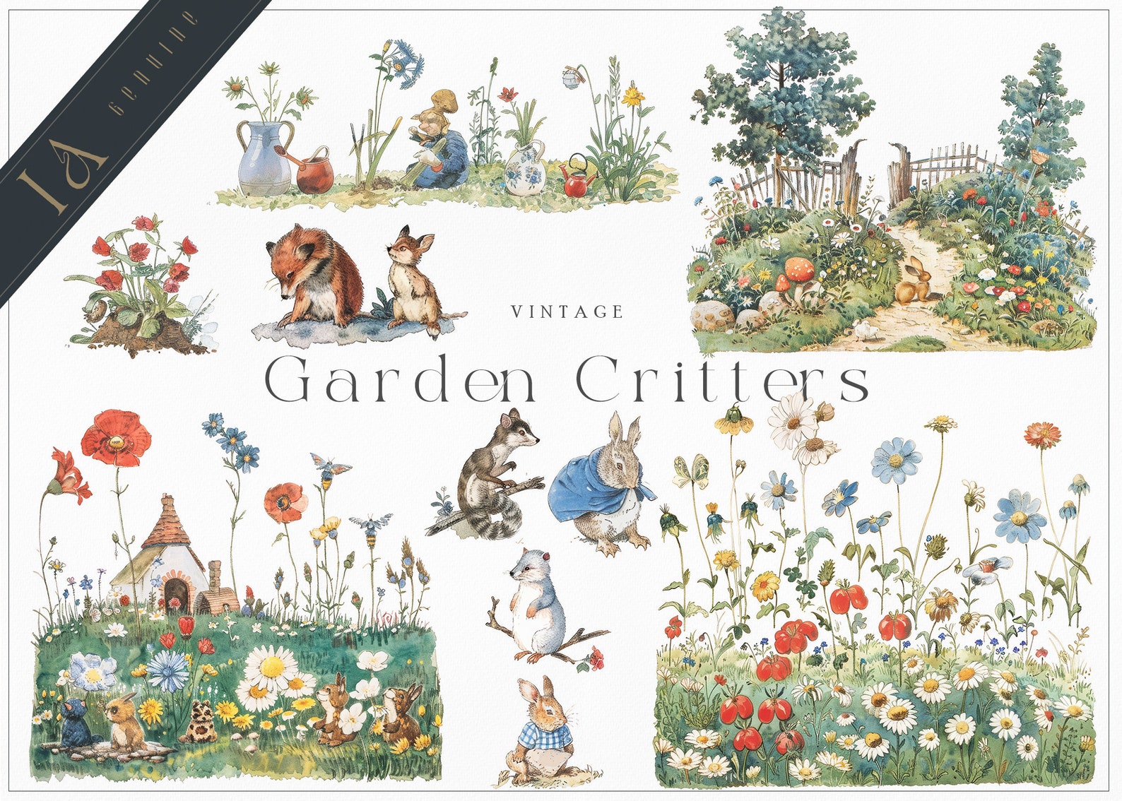 Watercolor Garden Critters Clipart Collection, Vintage Critter Clipart ...
