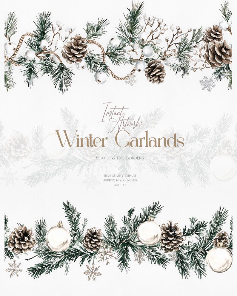 Winter Garland Clipart Set | Seamless Pinecone & Foliage Borders ...