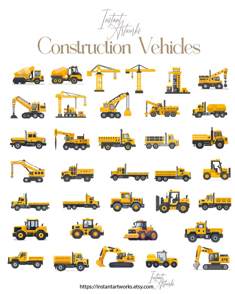 Construction Vehicle Clipart Bundle | Digger, Crane, Truck Graphics ...