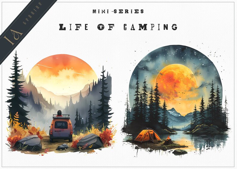 Camping Scene Clipart Illustrations, Set of 10 Outdoor Adventure ...