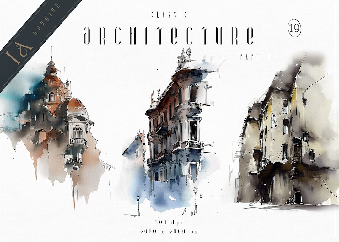 Vintage Architectural Buildings Clipart Set of 19, Retro Architecture ...