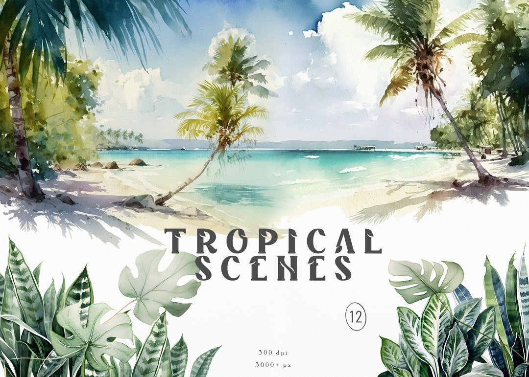 Watercolor Tropical Beach Clipart Summer Palm Tree Beach Bum Relaxing ...