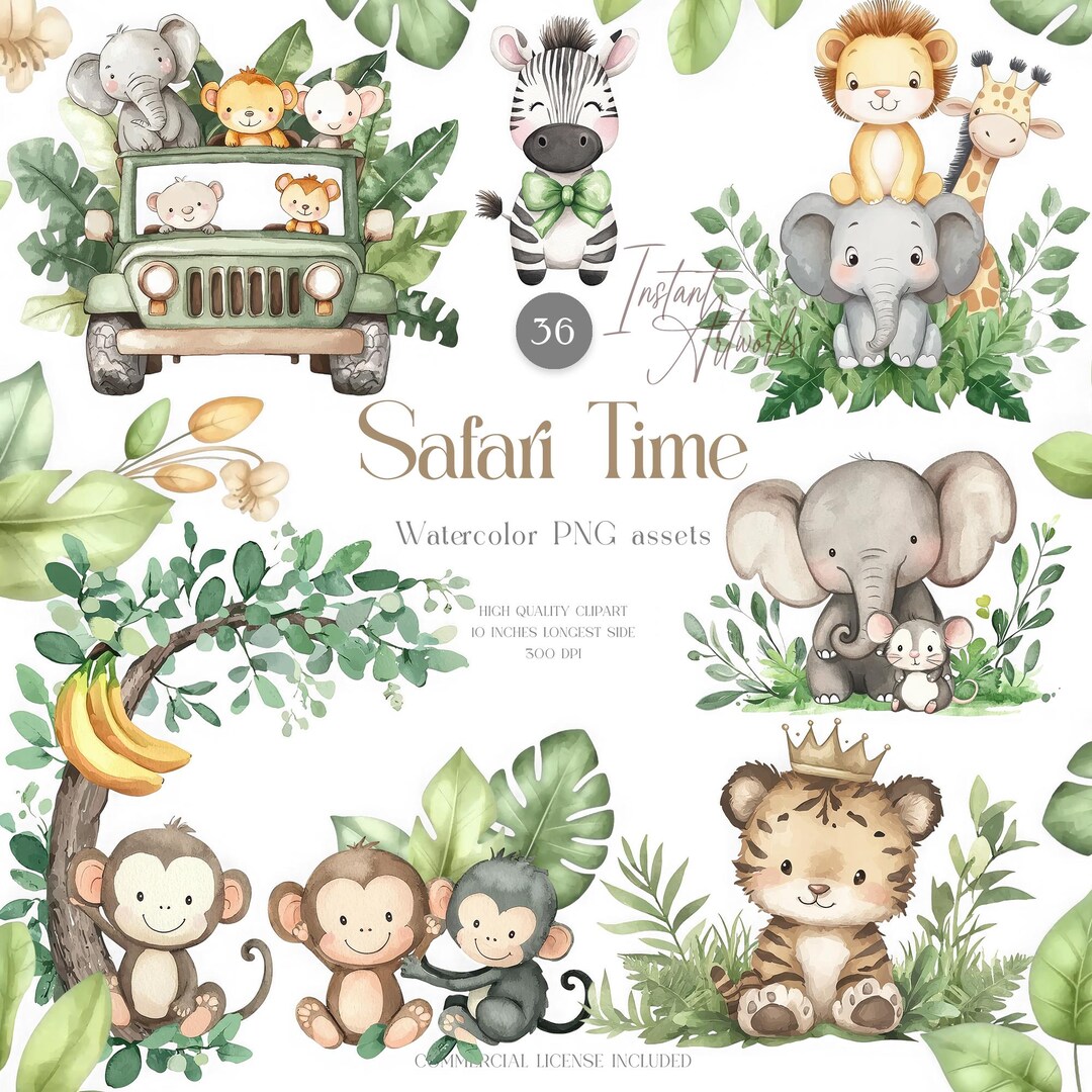 Safari Animal Clipart - Cute Watercolor Jungle Animals PNG Bundle ...