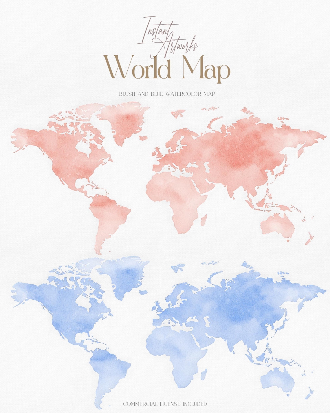Blush and Blue Watercolor World Map Clipart (PNG) - Etsy