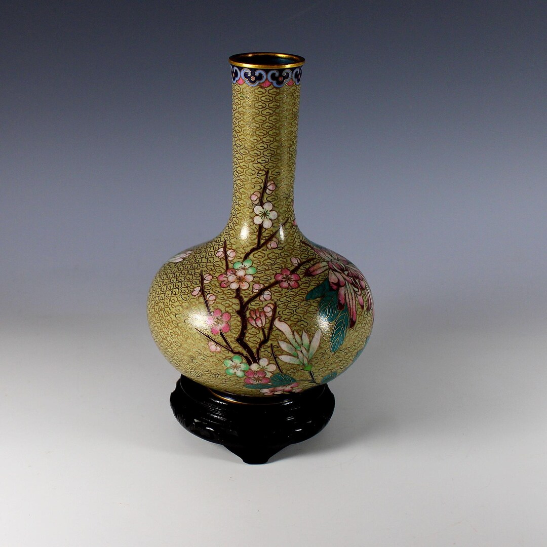 Vintage Chinese Jingfa Bronze Cloisonne Floral Vase Enamel Peony Pot 9 ...
