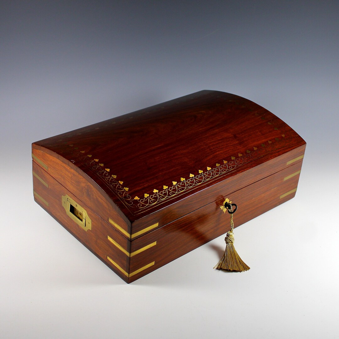 Vintage Wood and Brass Inlay Box With Tray and Key - Etsy