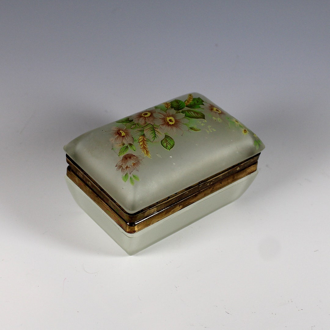 Antique Frosted Glass Hinged Enameled Trinket Dresser Box - Etsy