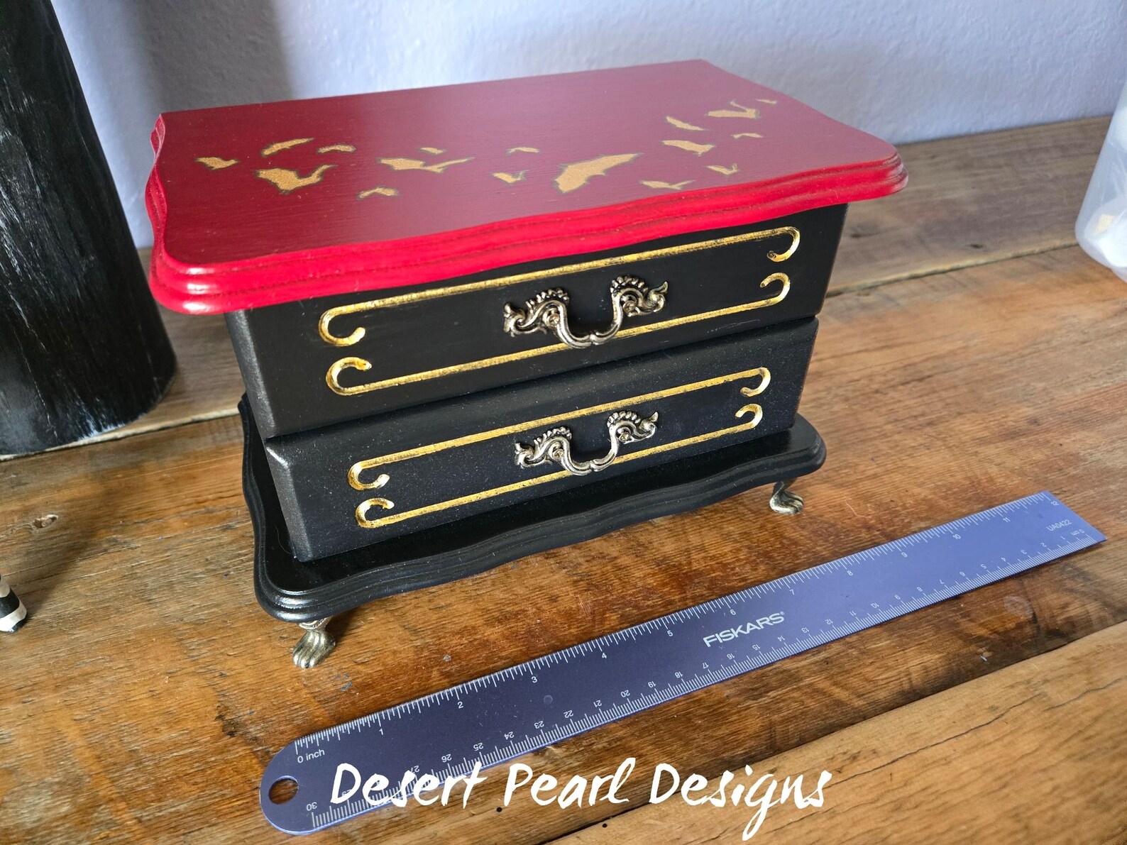 Red Bat Jewelry Box, Gothic Keepsake Box, Golden Bat Wooden Case ...