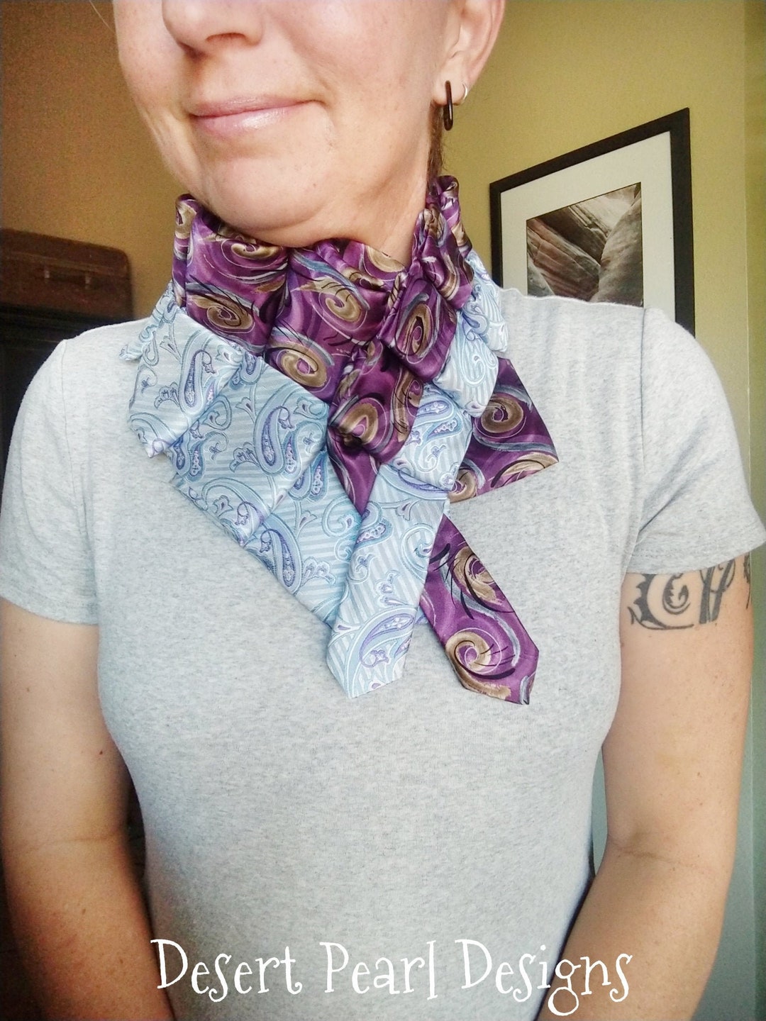 Soft Silk Ruffle Necktie Collar Cowl Scarf, Blue Purple Pleated Necktie ...