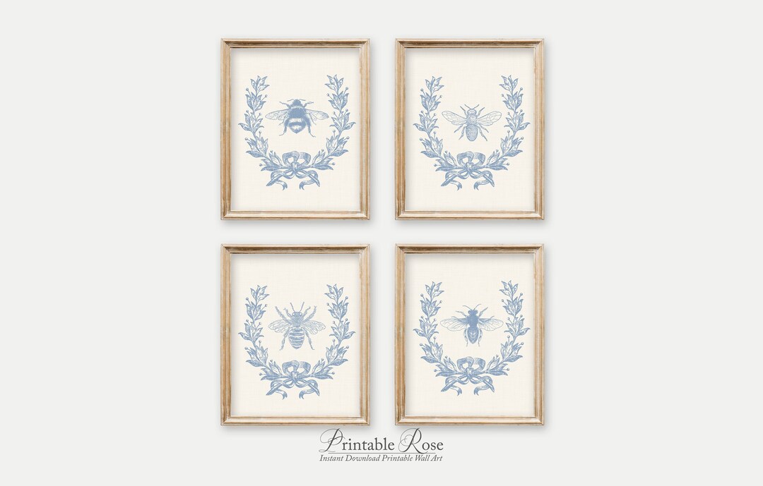 Insect Bee Wall Art, Vintage Wall Decor, Blue Art Print, Feminine Home ...
