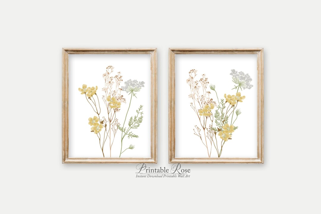 Set of 2 Yellow Botanical Prints Yellow Wall Decor Fall - Etsy