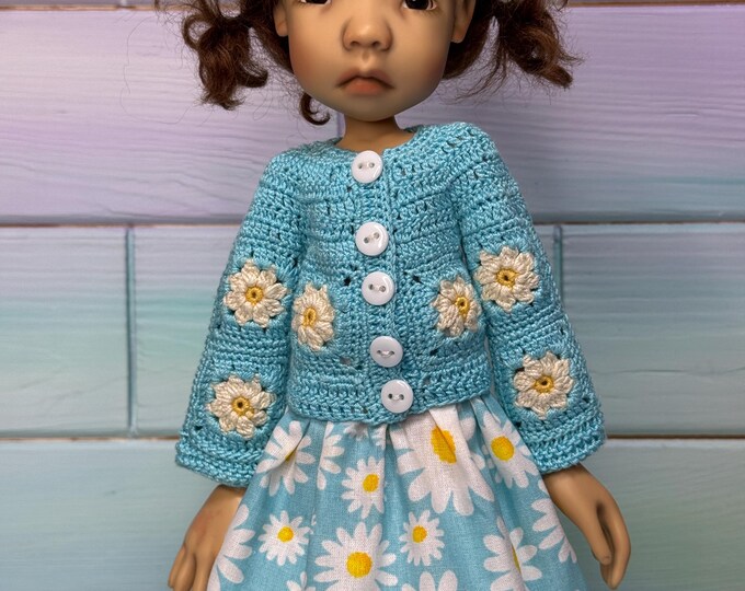 Little 12" Stella Doll Set Crochet Granny Square Cardigan, Cotton Skirt ...