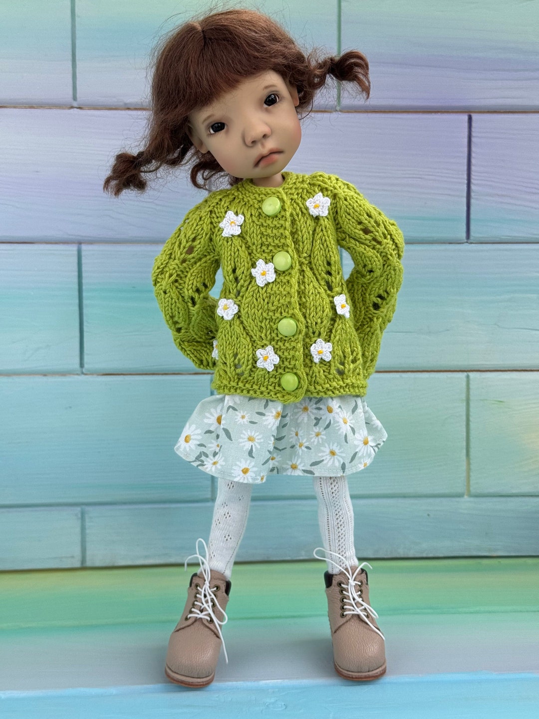 Little Stella 12 / Meili Doll Set Handknit Lime Cardigan With White ...
