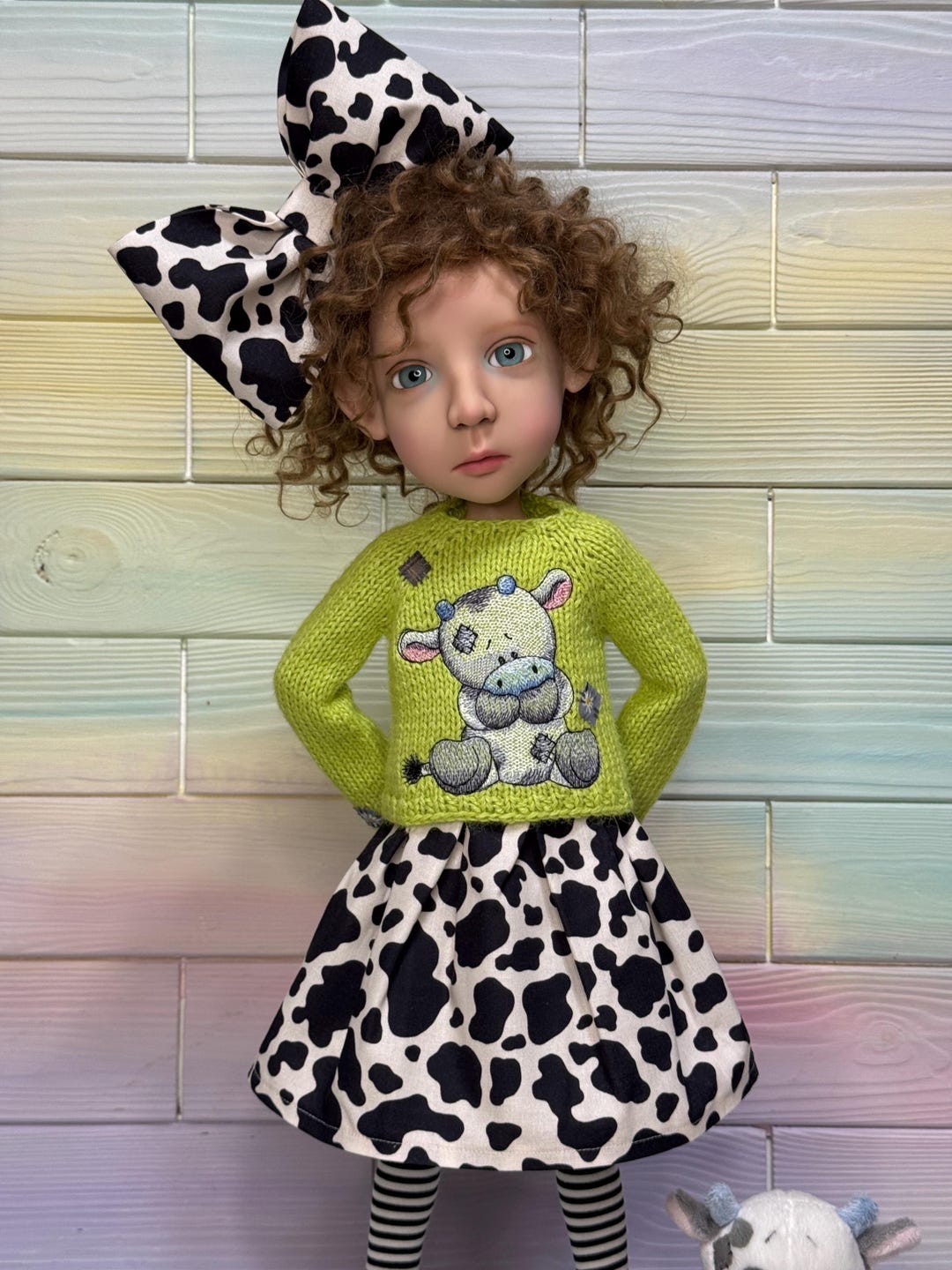 Big Stella Doll Set Handknit Cow Sweater, Skirt, Hair Bow, Stockings ...