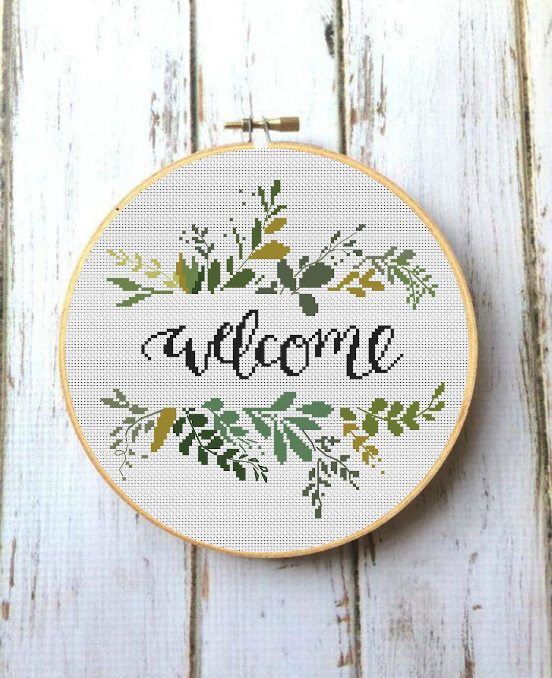 Welcome Cross Stitch Pattern, Modern Cross Stitch, Floral Flower Wreath ...