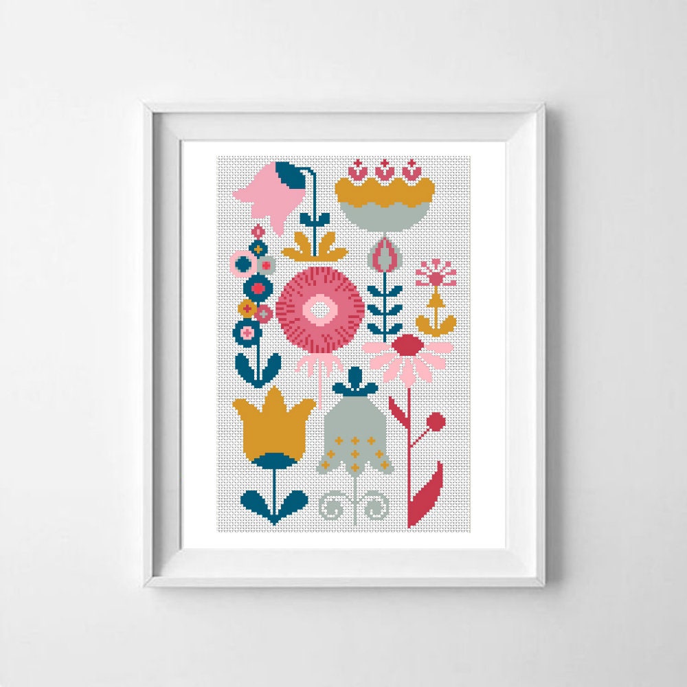 Retro Flower Modern Cross Stitch Pattern PDF Mid Century - Etsy Sweden